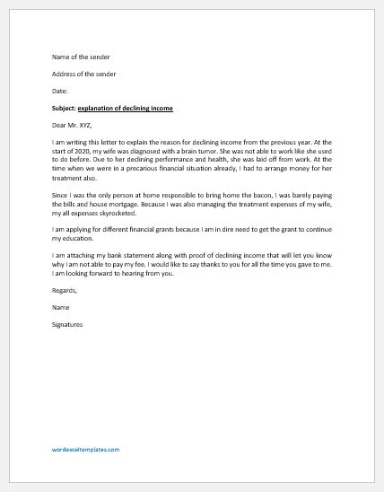Letter Of Explanation For Declining Income Word Templates