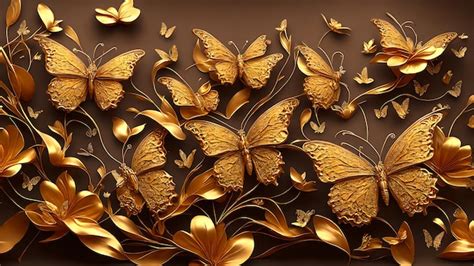Butterflies Dancing Golden Background Shadow 3d Wallpaper Premium Ai