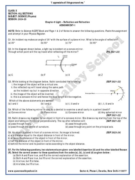 X Science Physics Ch 9 Light Assignment 1 Pdf Mirror Optics