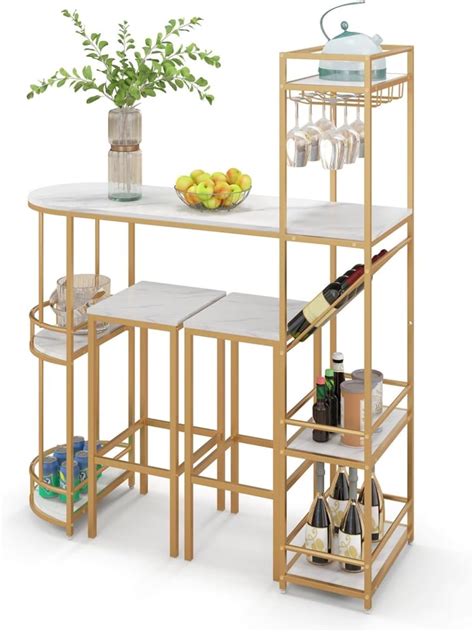 Giantexuk 3 Piece Bar Table Set Metal Frame Dining Table And Stools