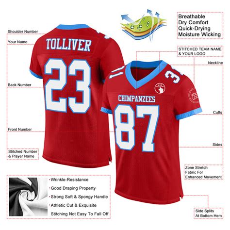 Custom Electric Blue Football Jersey Red White Electric Blue Mesh