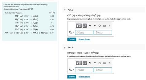 Solved Calculate The Standard Cell Potential For Each Of The