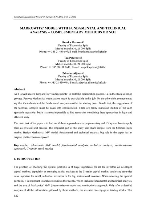 Markowitz Analysis Markowitz Model With Fundamental And Technical