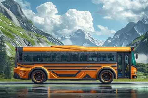 Orange School Bus Driving On Mountain Road Stock Illustration
