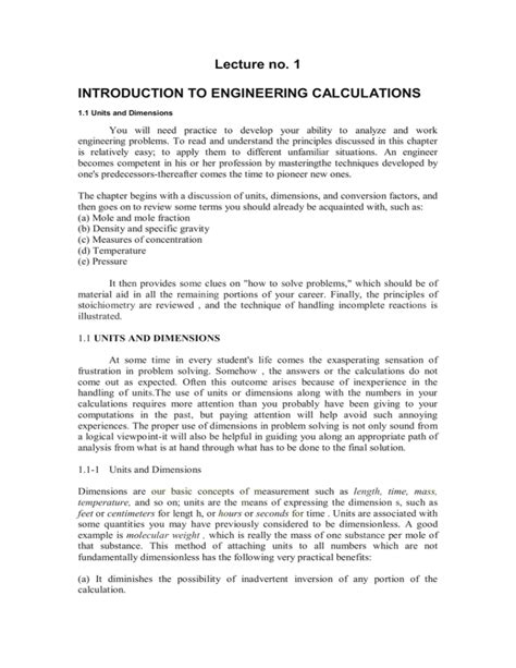 Engineering Calculations Units And Dimensions Lecture Notes