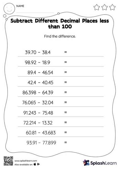 Subtract Different Decimal Places Less Than 100 Horizontal Subtraction