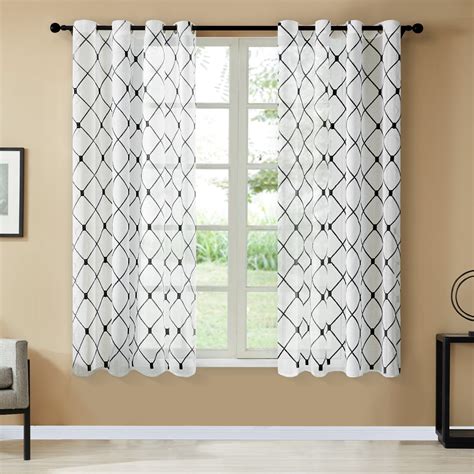Topfinel White Sheer Curtains 63 Inch Long Geometric Black Embroidered