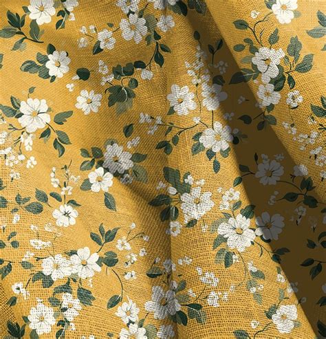 100 Linen Fabric Mustard Floral Print Romantic Wildflowers 2522