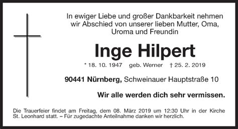 Traueranzeigen Von Inge Hilpert Trauernnde