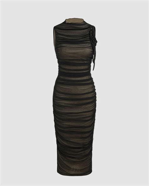 Sleeveless Mesh Midi Dress With Ruched High Neck Littlebox India