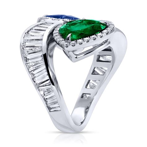 Heart Shape Green Emerald And Blue Sapphire Diamond Bypass Ring Ounce Collection