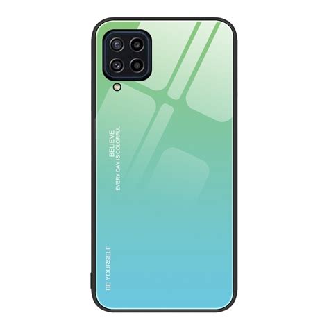 For Samsung Galaxy M32 Gradient Color Glass Case Green Cyan