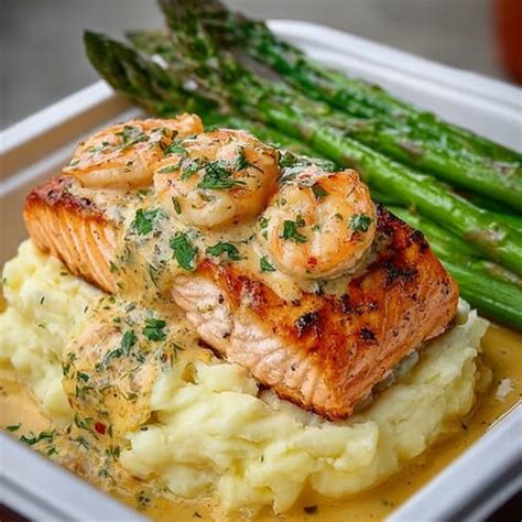 Seafood Stuffed Salmon With Parmesan Mashed Potatoes And Sautéed Asparagus Recipes