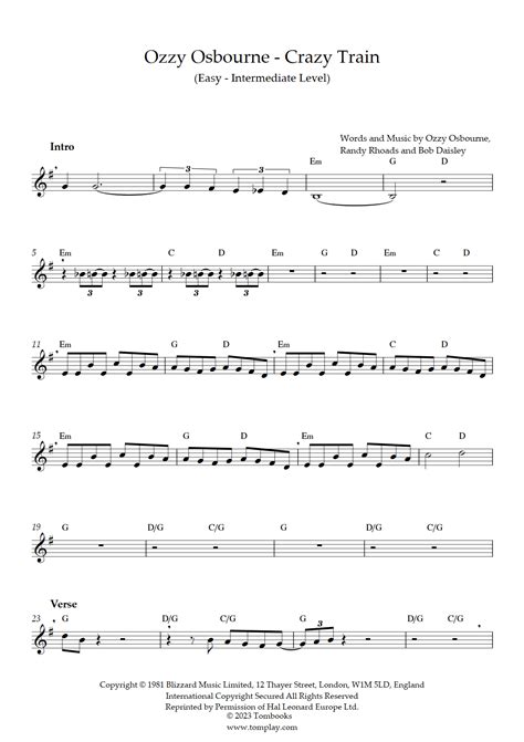Crazy Train Easyintermediate Level Alto Sax Ozzy Osbourne