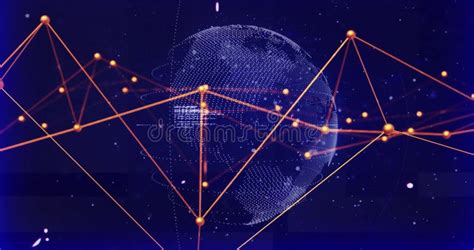 image of connected dots and computer language over globe against black