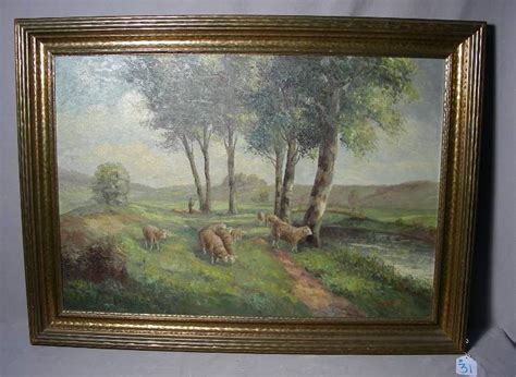 Antique Oil On Canvas Sheep In Pasture