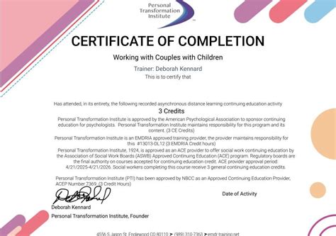 Certificate Of Completion Working With Couples Pti Personal