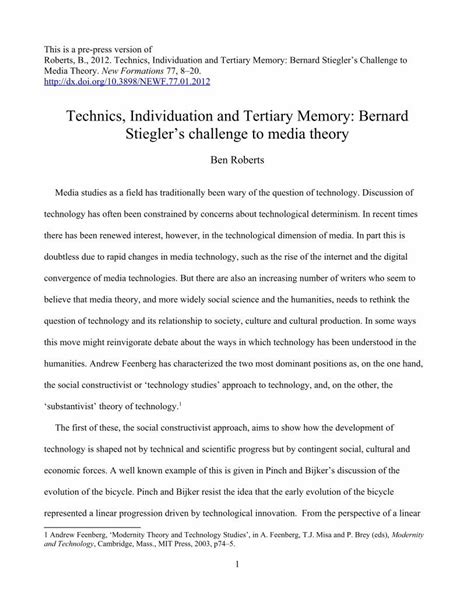 Pdf Technics Individuation And Tertiary Memory Bernard Stieglers