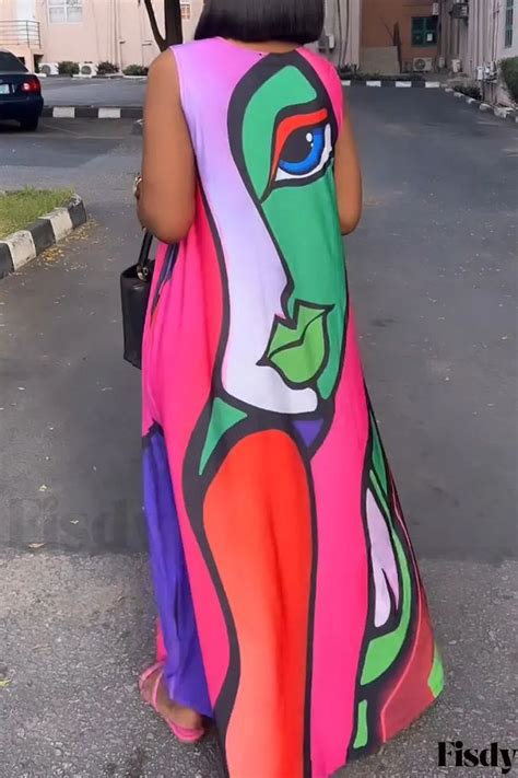 Fisdy Vintage Vacation Red V Neck Vest Dress With Mixed Printing