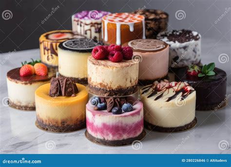 Stack Of Individual Cheesecakes Each With Different Flavor And Design