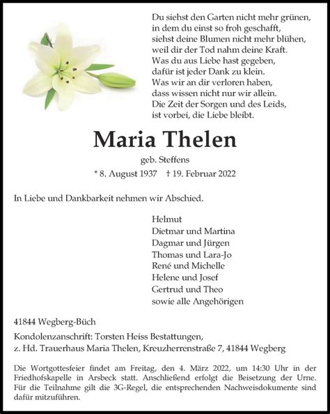 Traueranzeigen Von Maria Thelen Aachen Gedenkt