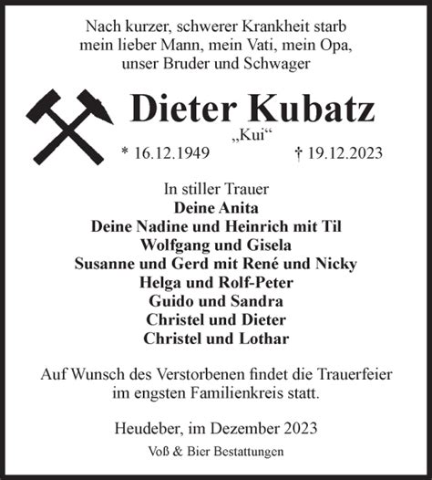 Traueranzeigen Von Dieter Kubatz Abschied Nehmende
