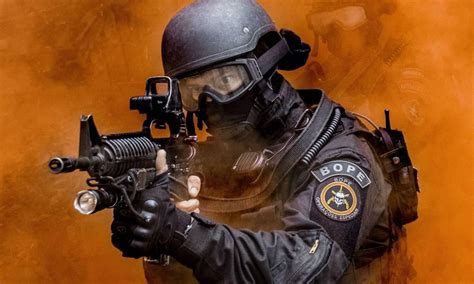 Bope Caveira Emerging From Smoke During A Training Session Rio De Janeiro Brazil 2019