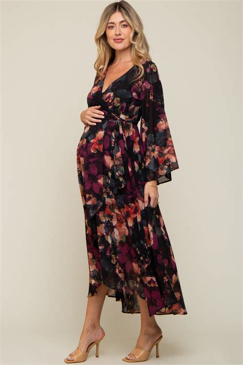 Burgundy Floral Chiffon Wrap Front Hi Low Maternity Dress Pinkblush