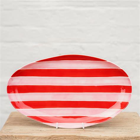 Noss Small Oval Platter Pink And Red Stripe