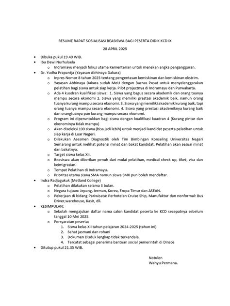 Resume Rapat Sosialisasi Beasiswa Bagi Peserta Didik Kcd Ix Pdf