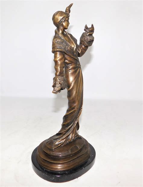 Bronze Art Deco Figurine Sculpture Woman With Doves In Flowing Dress On