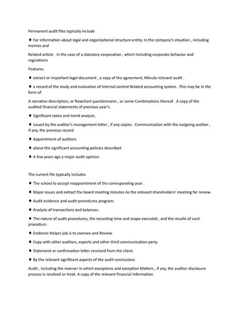 Permanent Audit Files Notes Permanent Audit Files Typically Include