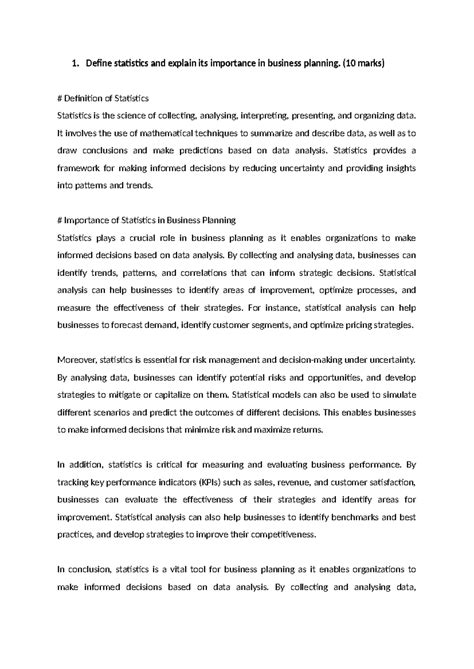 Statistical Analysis Questions For Business Planning Course Code