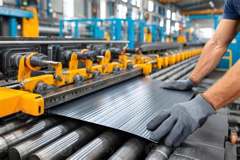 Factory Worker Handling Metal Sheet On Production Line 77537203 Stock