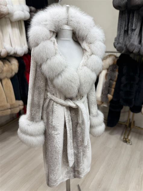 Luxury Mink Fur Hooded Coat Mine Fur Look Alcantara Fabric Genuine
