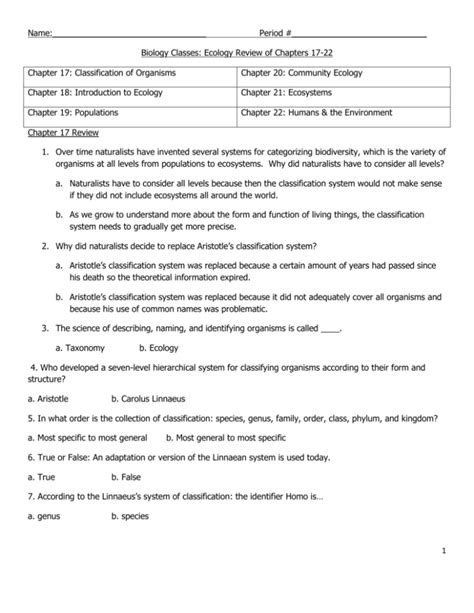 Biology Classes Ecology Review