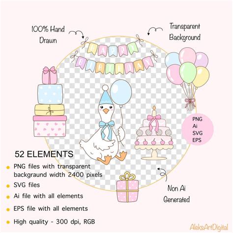 Hand Drawn Goose Birthday Clipart Set Party Animals Svg Png Etsy