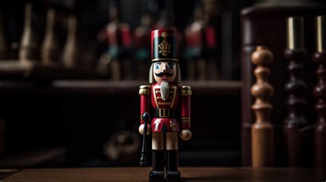 Wooden Table Nutcracker Statue With Red Face Standing On A Backgrounds