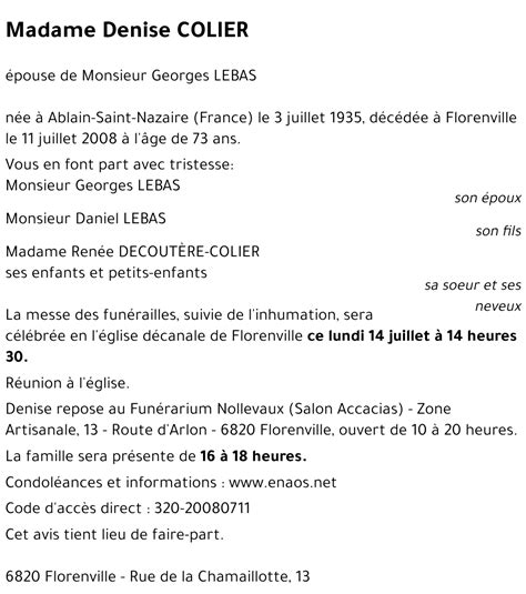 Avis De Décès De Denise Colier Décédé Le 11 07 2008 à Florenville Annonce Condoléances