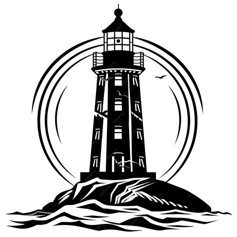 Premium Vector A Black And White Drawing Of A Lighthouse With A Sun