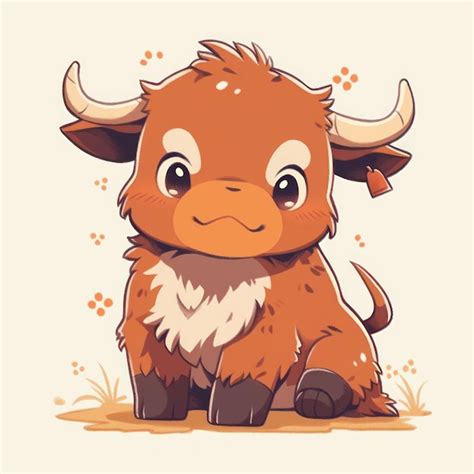 Ox Animal Chibi Cartoon Style Isolated Plain Background Premium Ai