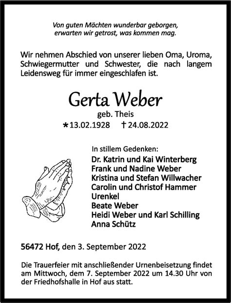 Traueranzeigen Von Gerta Weber Rz Trauer De