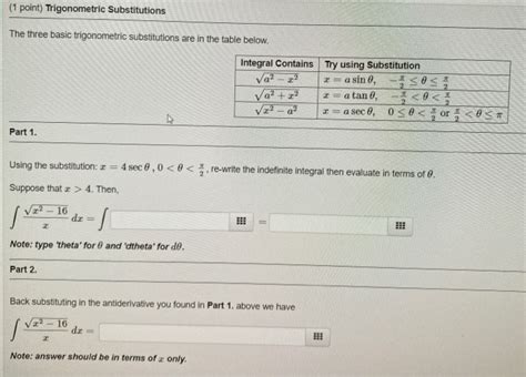 Solved 1 Point Trigonometric Substitutions The Three Basic