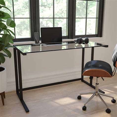 Glass Top Desk With Pedestal Metal Frame Home Office Furniture