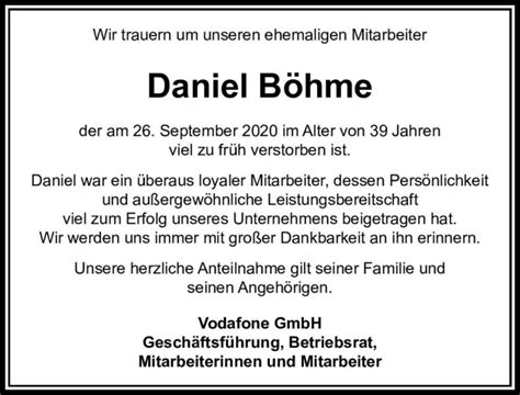 Traueranzeigen Von Daniel Böhme Abschied Nehmende