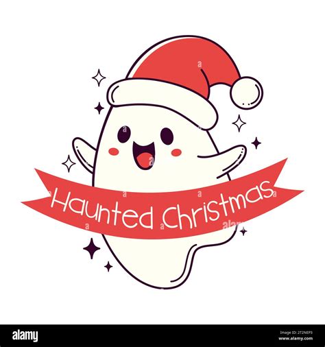 Cute Christmas Ghost In Santa Hat Haunted Christmas Quote Vector Illustration Stock Vector