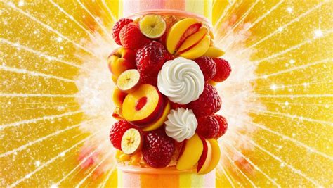 Explosion Of Peach Passion Fruit Olives And Marshmallows On A Yellow Background In Sparks