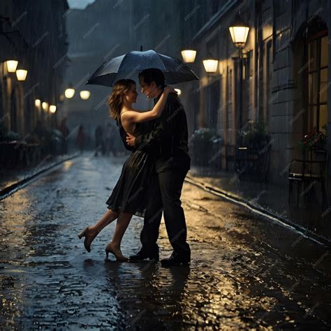 A Couple Embrace In The Rain Under An Umbrella Premium Ai Generated Image