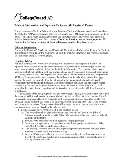 Physics C Equation Tables Pdf Pdf Electronvolt Variable Mathematics