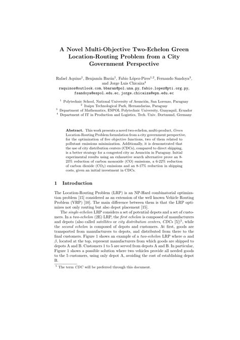 Pdf A Novel Multi Objective Two Echelon Green Location Routing Problem From A City Government